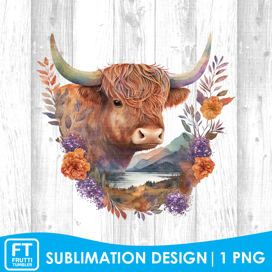 Highland Cow Sublimation Design - Watercolor PNG Design | Inspire Uplift