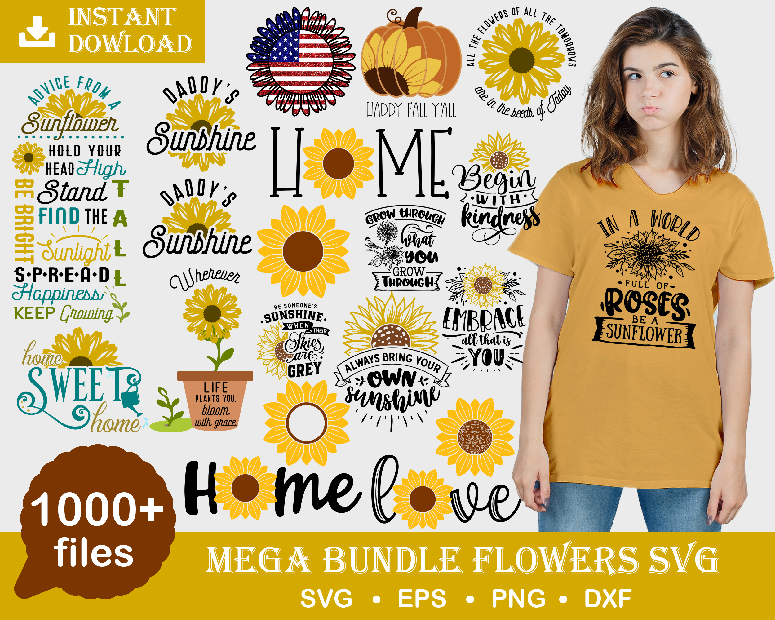 1000 SUNFLOWER SVG, PNG Bundle, Sunflower svg, half sunflowe | Inspire ...