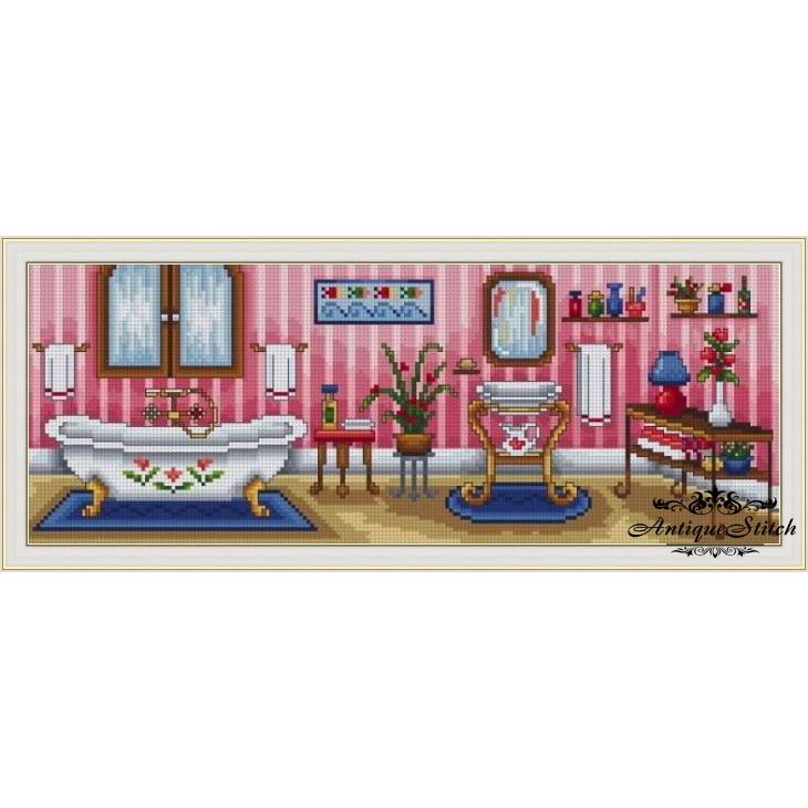 Antuque Pink Bathroom Vintage Cross Stitch Pattern PDF minia | Inspire ...