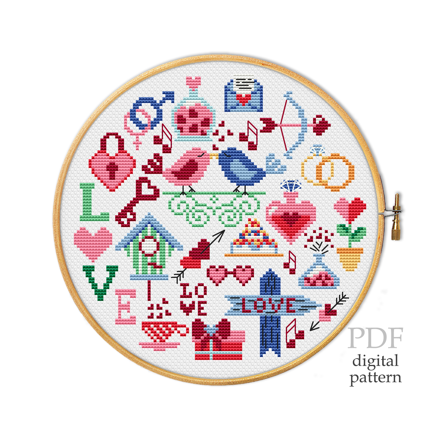 Round sampler Valentine for cross stitch pattern | Inspire Uplift