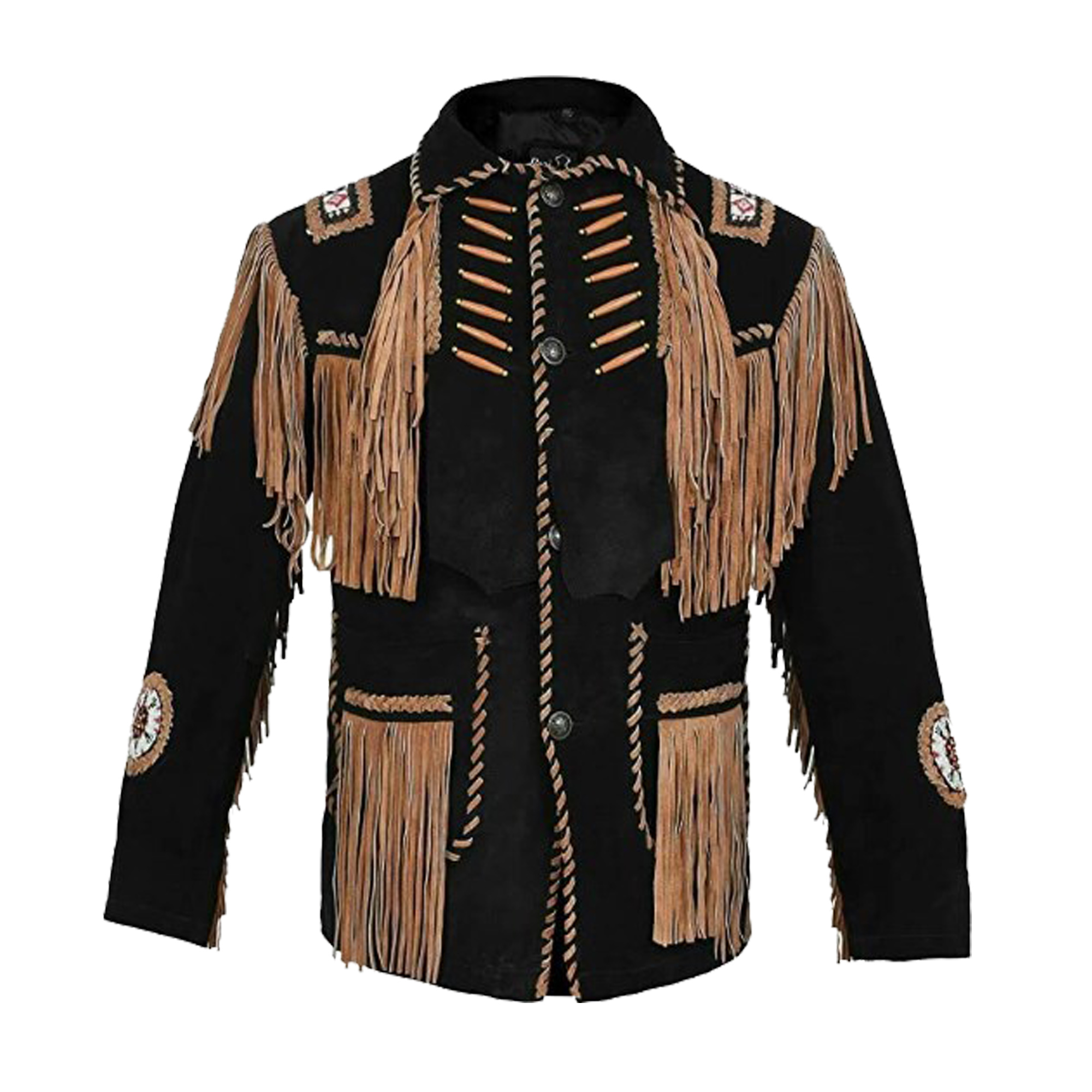 Western Cowboy Black Brown Suede Leather Fringes & Beads Coa - Inspire ...