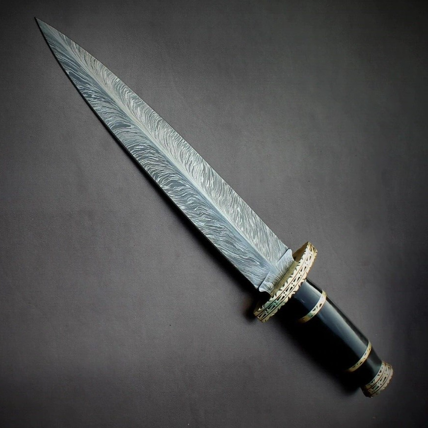 Feather Pattern Damascus Knife Dagger | Bull Horn Handle - Inspire Uplift