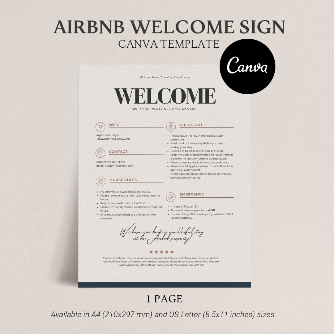 One-Page Welcome Sign for Airbnb or VRBO Hosts: House Rules, | Inspire ...