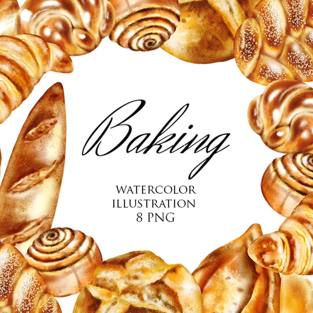 Watercolor clipart – Baking: croissant, bread, baguette, Fre | Inspire ...