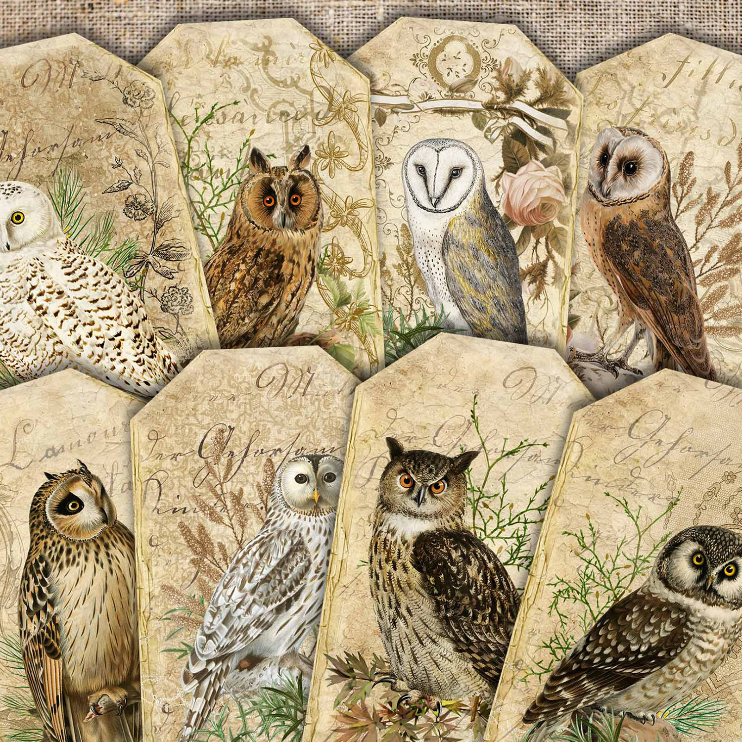 Owl vintage Digital Tags | Junk Journal Digital Ephemera | Inspire Uplift
