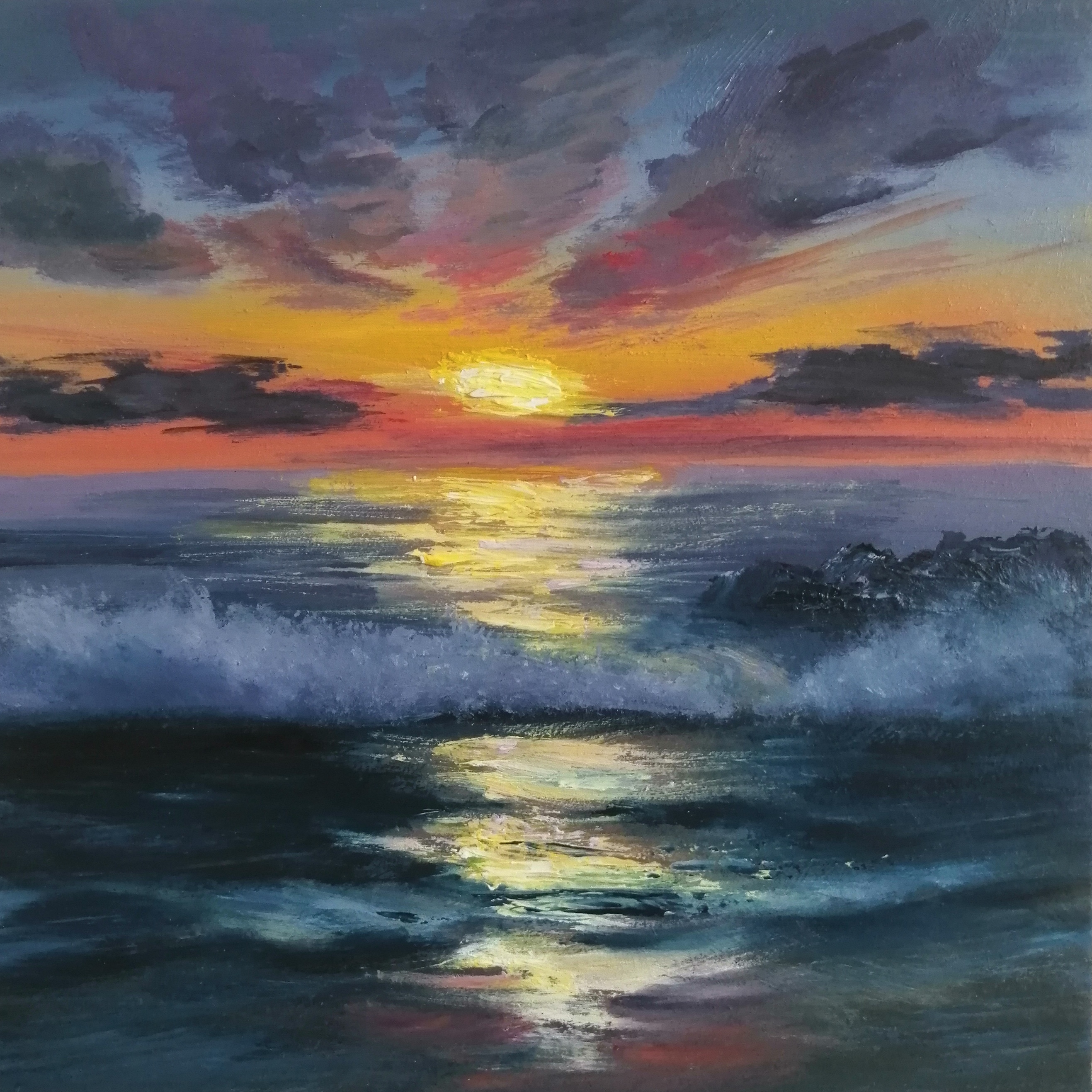 Sea sunset oil, sea surf, sea oil, original painting | Inspire Uplift