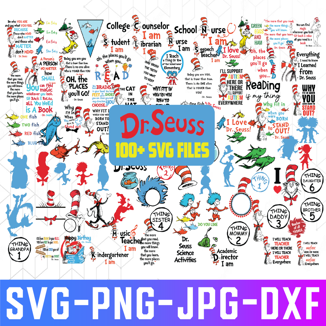 100 Files Dr Seuss Svg, Mega Bundle, Cat In The Hat SVG, Dr | Inspire ...