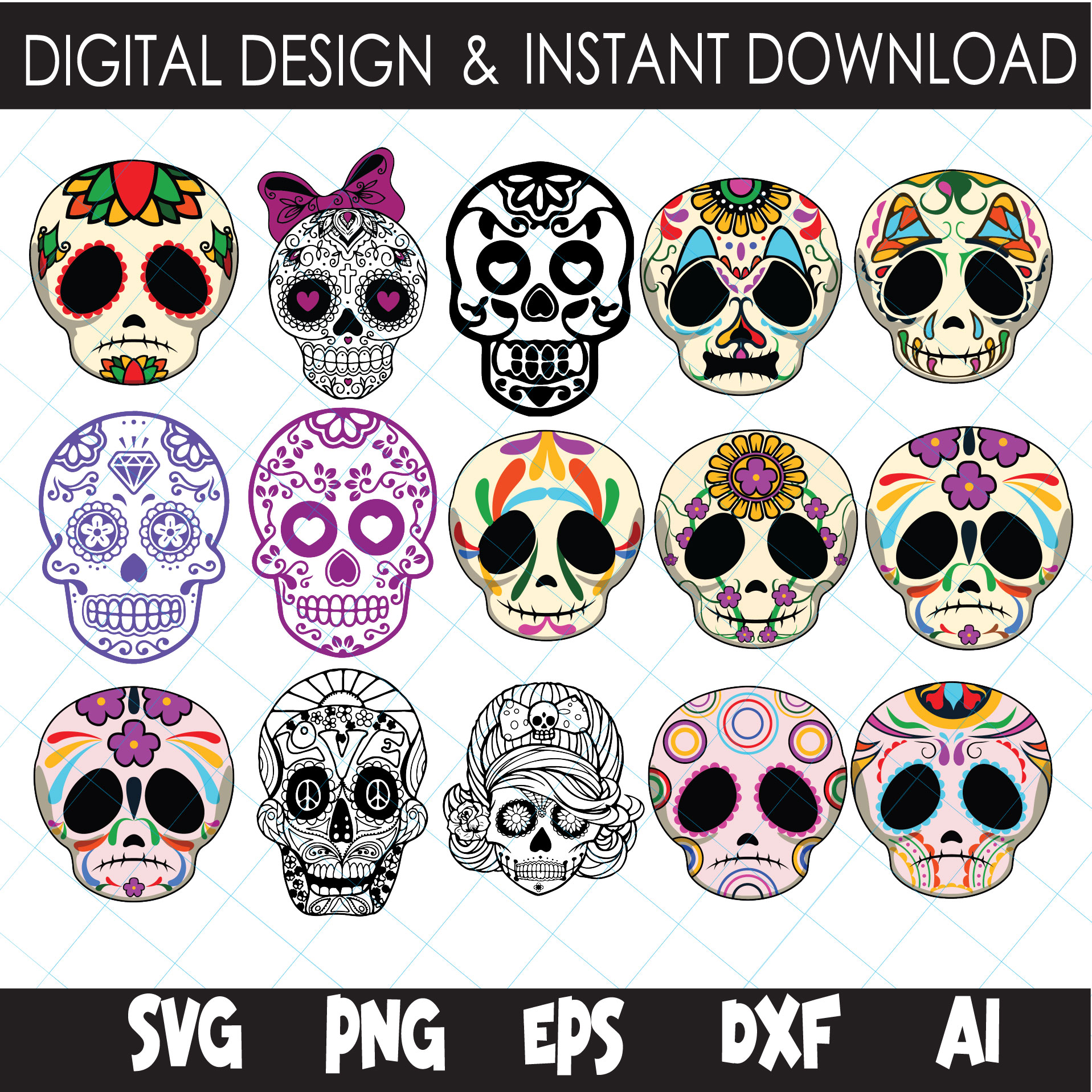 Sugar Skull Bundle - SVG, PNG, EPS, DXF, Commercial Use, Dig | Inspire ...