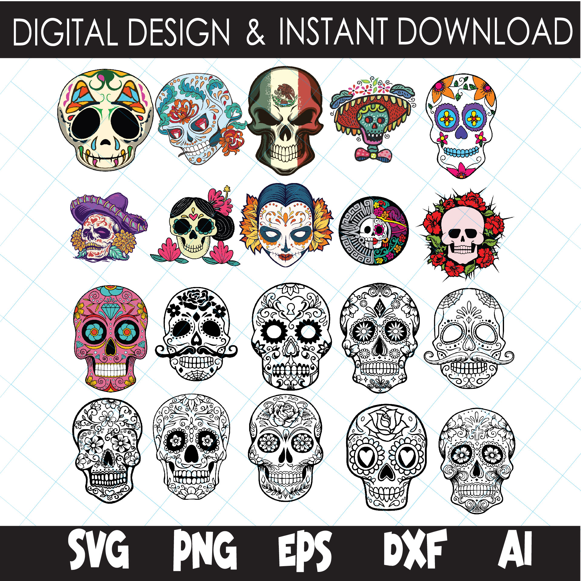 Sugar Skull Bundle - day of the dead svg, SVG, PNG, EPS, DXF | Inspire ...