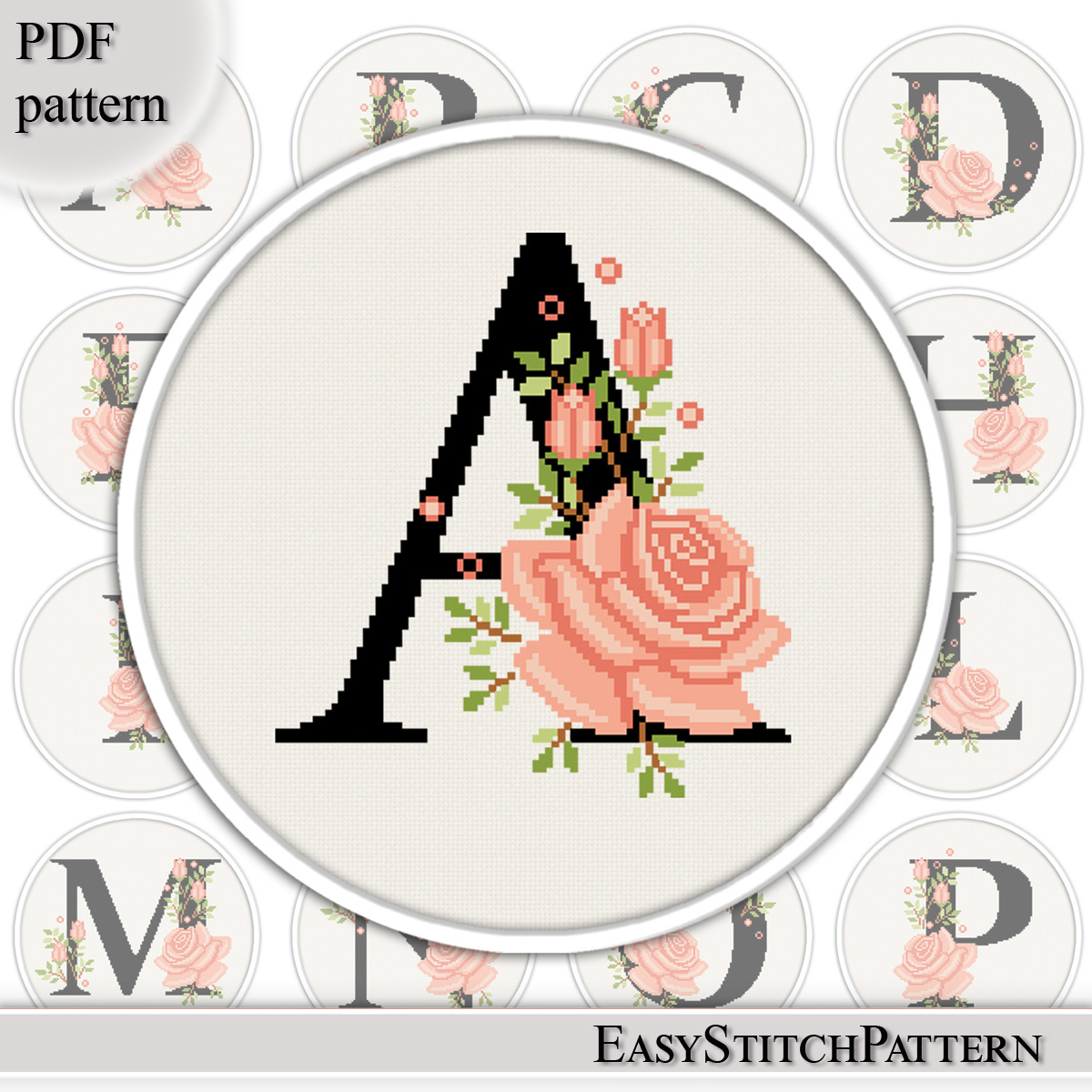 Monogram cross stitch pattern DIY Letter A cross stitch Rose - Inspire ...