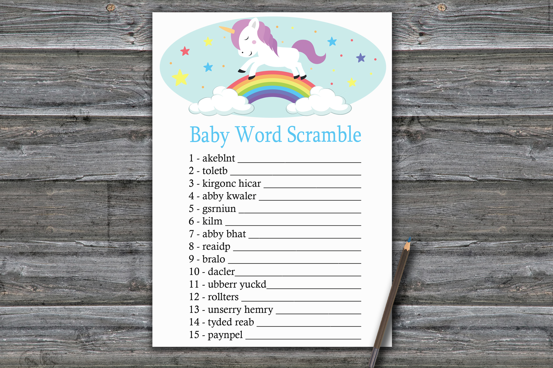 Unicorn Baby word scramble game card,Rainbow Baby shower gam | Inspire ...