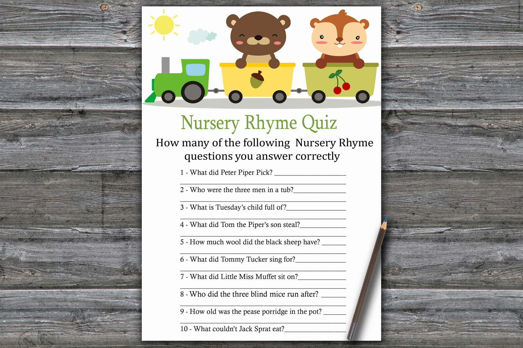 Animal train Nursery rhyme quiz baby shower game card,Woodla - Inspire ...