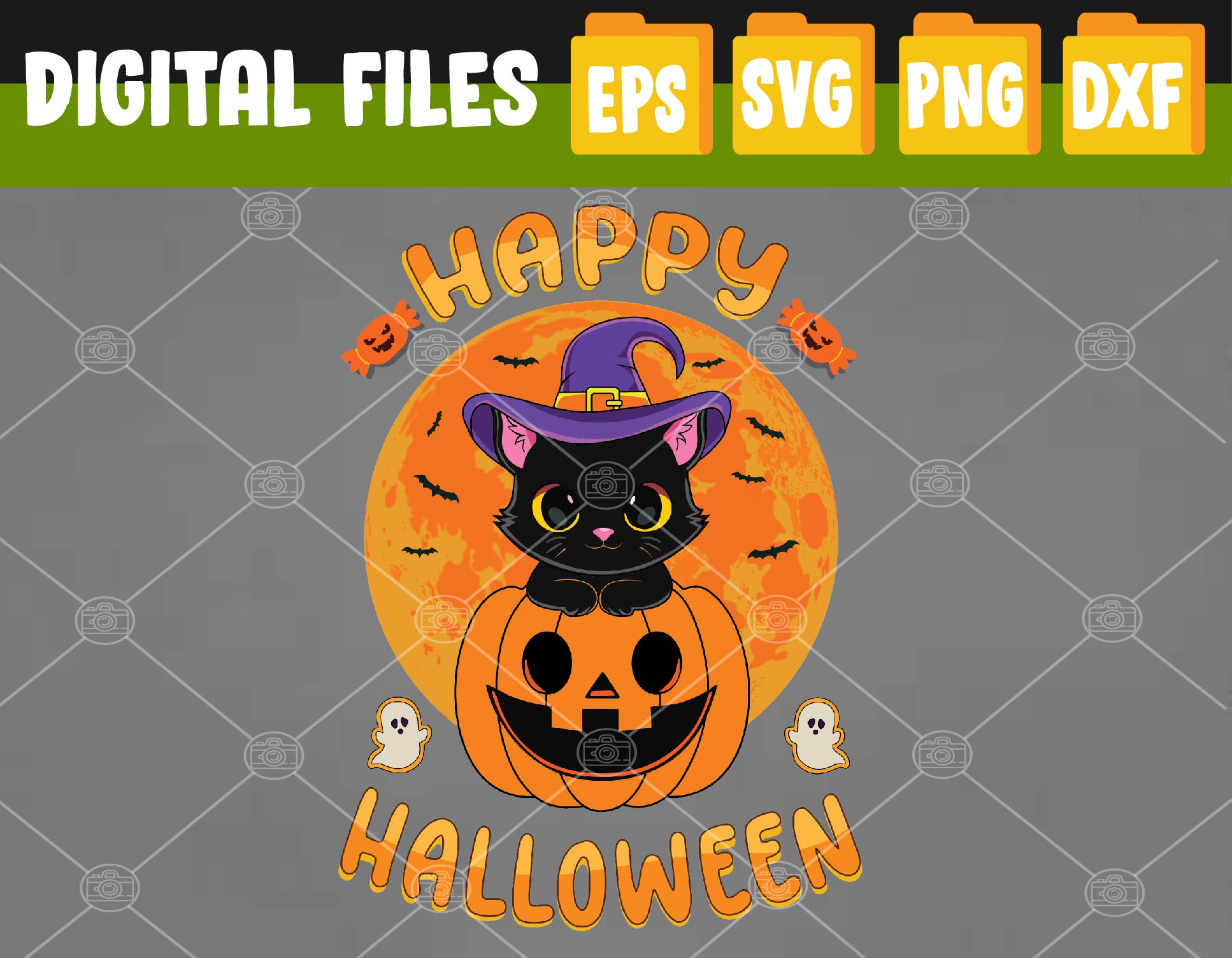 Halloween Black Cat Witch Hat Pumpkin Svg, Eps, Png, Dxf, Di | Inspire ...
