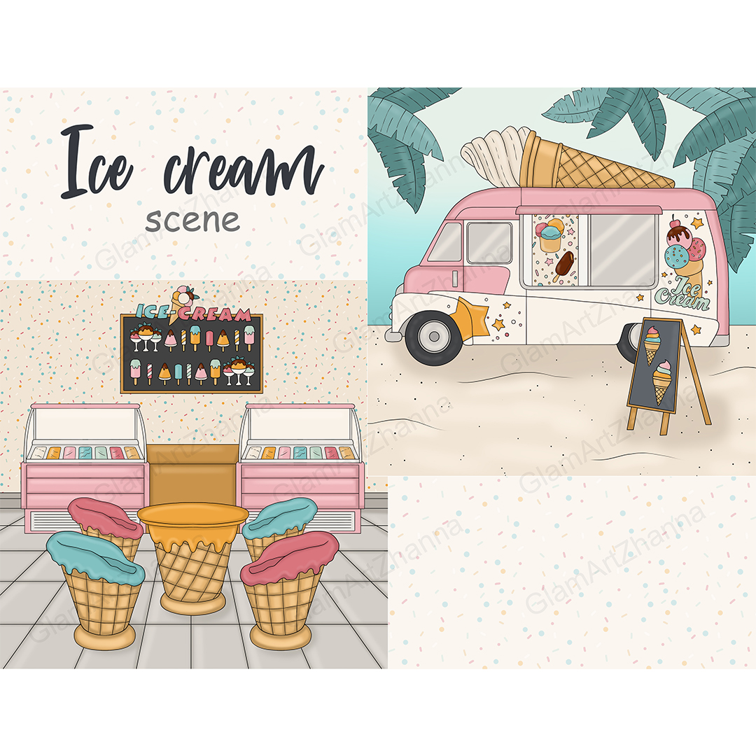 Ice Cream Shop Clipart | Retro Summer Illustration - Inspire Uplift