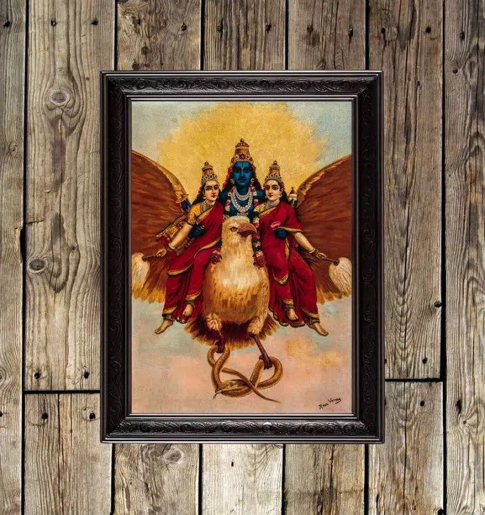 Vishnu accompanied by his wives riding on Garuda by Raja Rav | Inspire ...