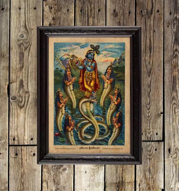 Krishna is dancing with the Nagas. Hindu art print. 607 | Inspire Uplift