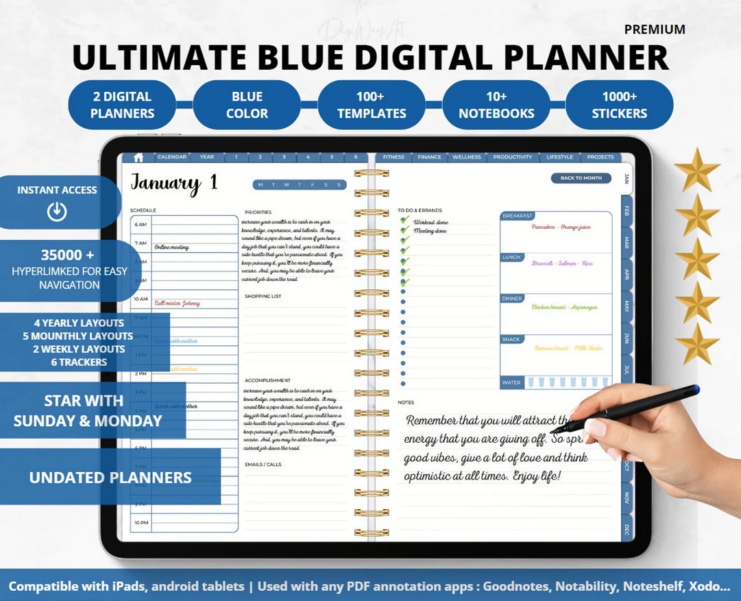 Blue color Digital Planner 2023 2024, Undated Planner, Goodn | Inspire ...