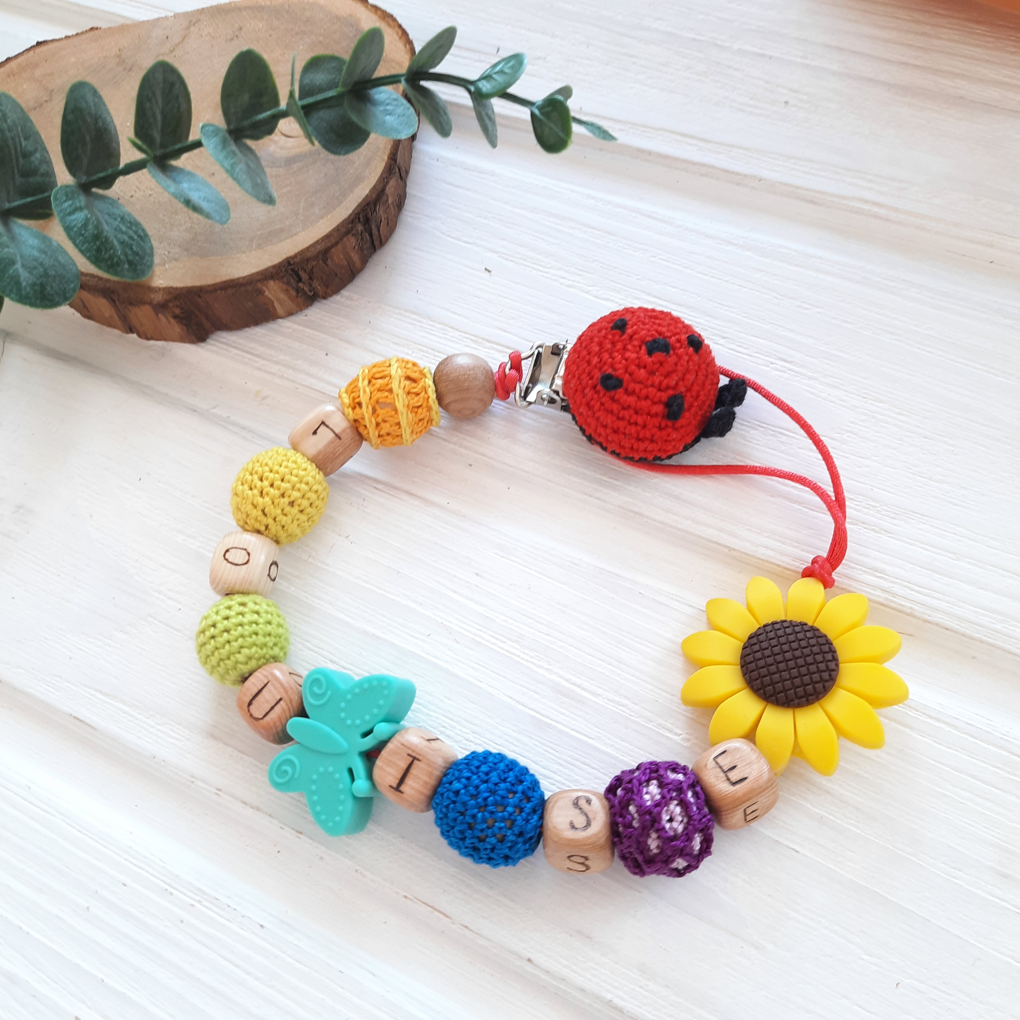 Personalized wooden pacifier clip rainbow ladybug - crochet | Inspire ...