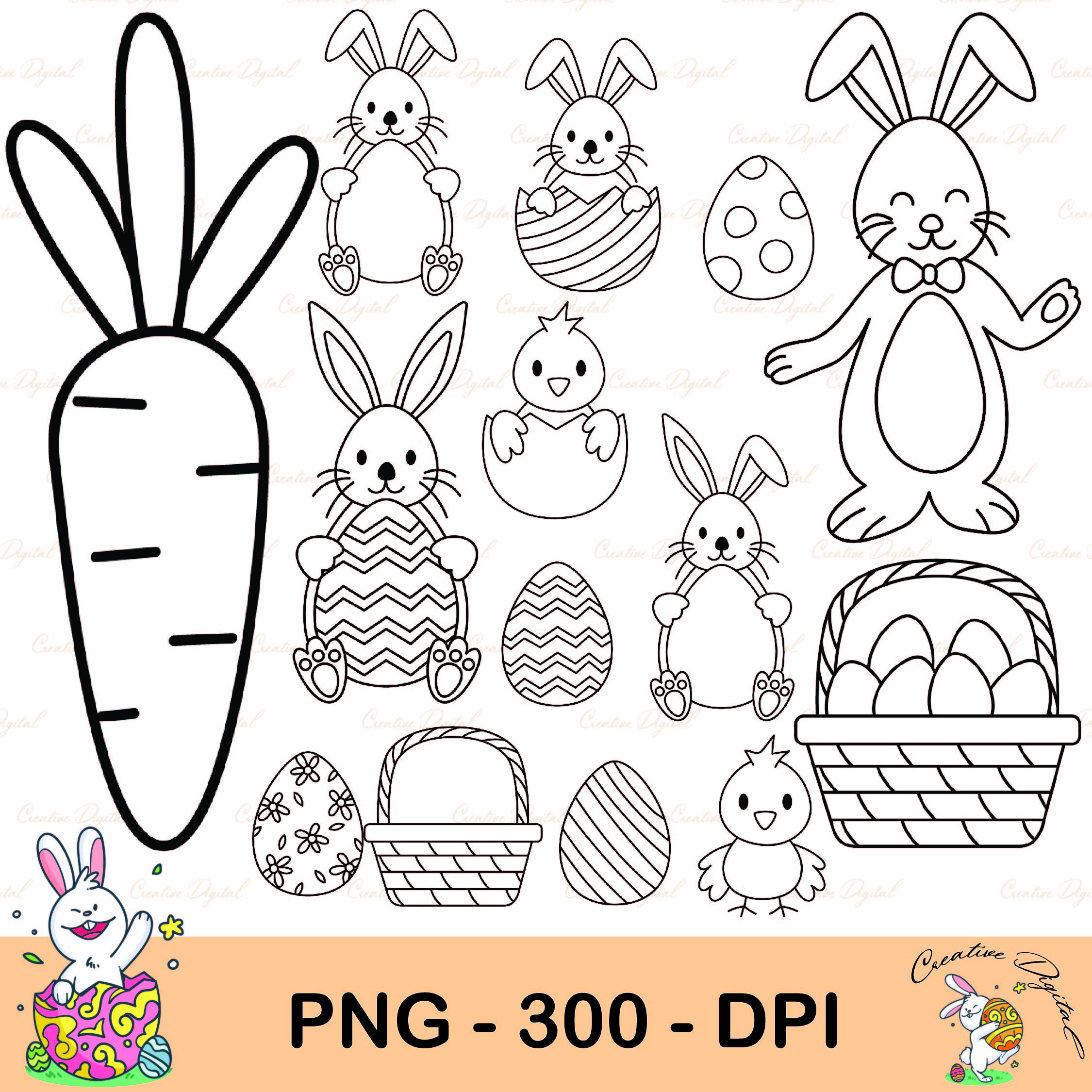 Happy Easter Coloring Png, Easter Coloring Bundle Png, Color | Inspire ...