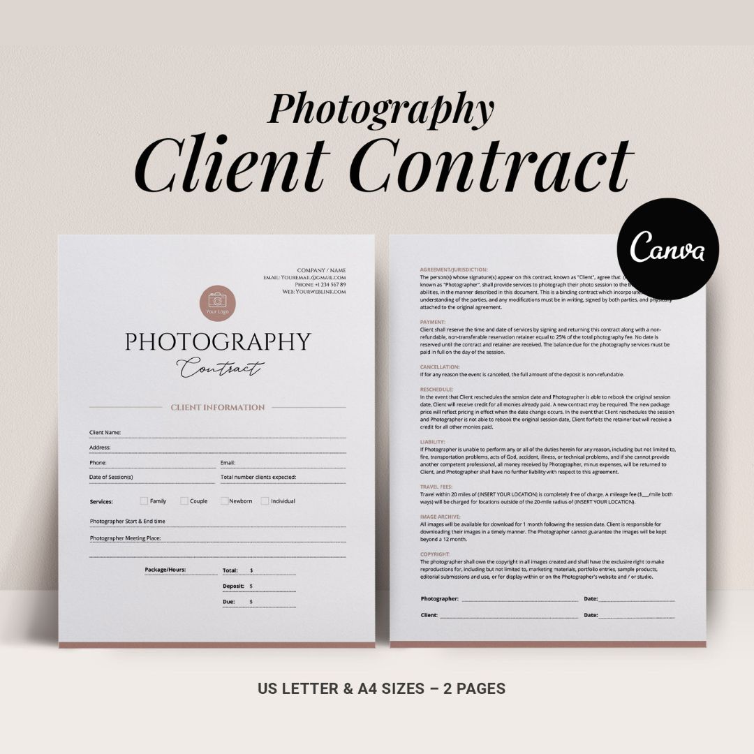 Photography Client Contract Template, Editable Client Agreem | Inspire ...