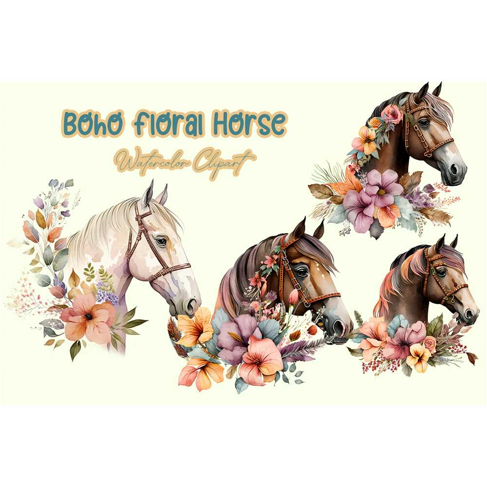 Boho Floral Horse Watercolor Clipart | Inspire Uplift