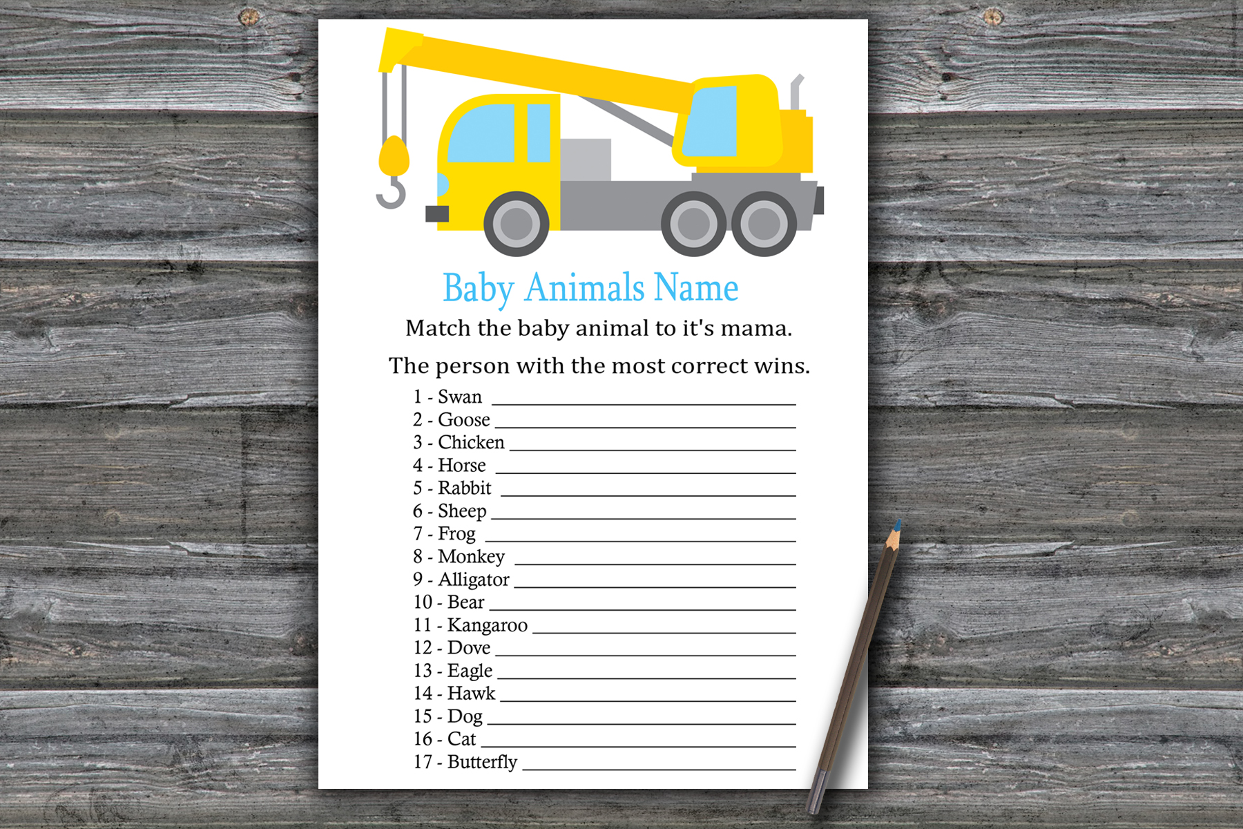 Construction Baby animals name game card,Crane Baby shower g | Inspire ...