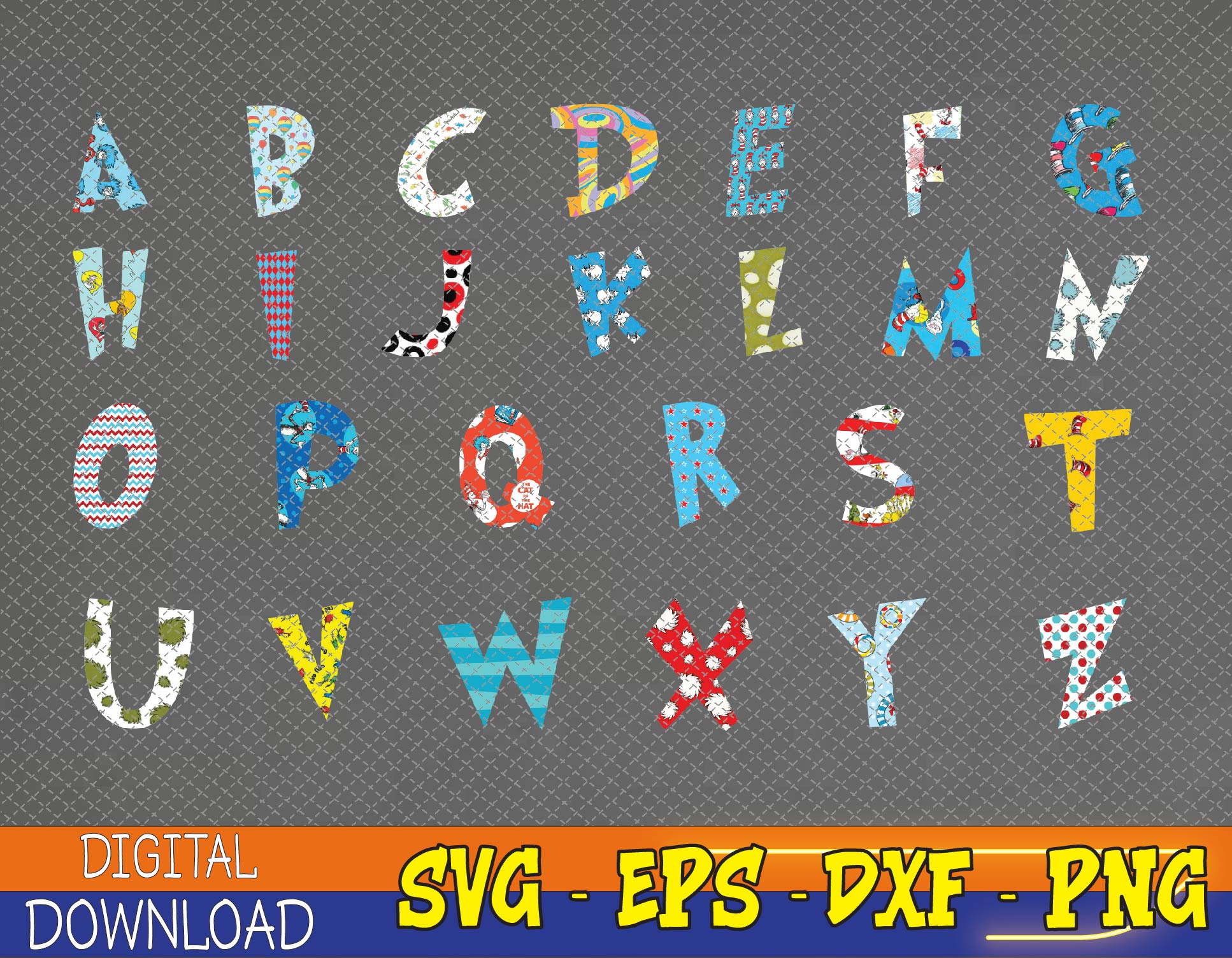 Dr Seuss Alphabet Svg, Eps, Png, Dxf, Digital Download | Inspire Uplift
