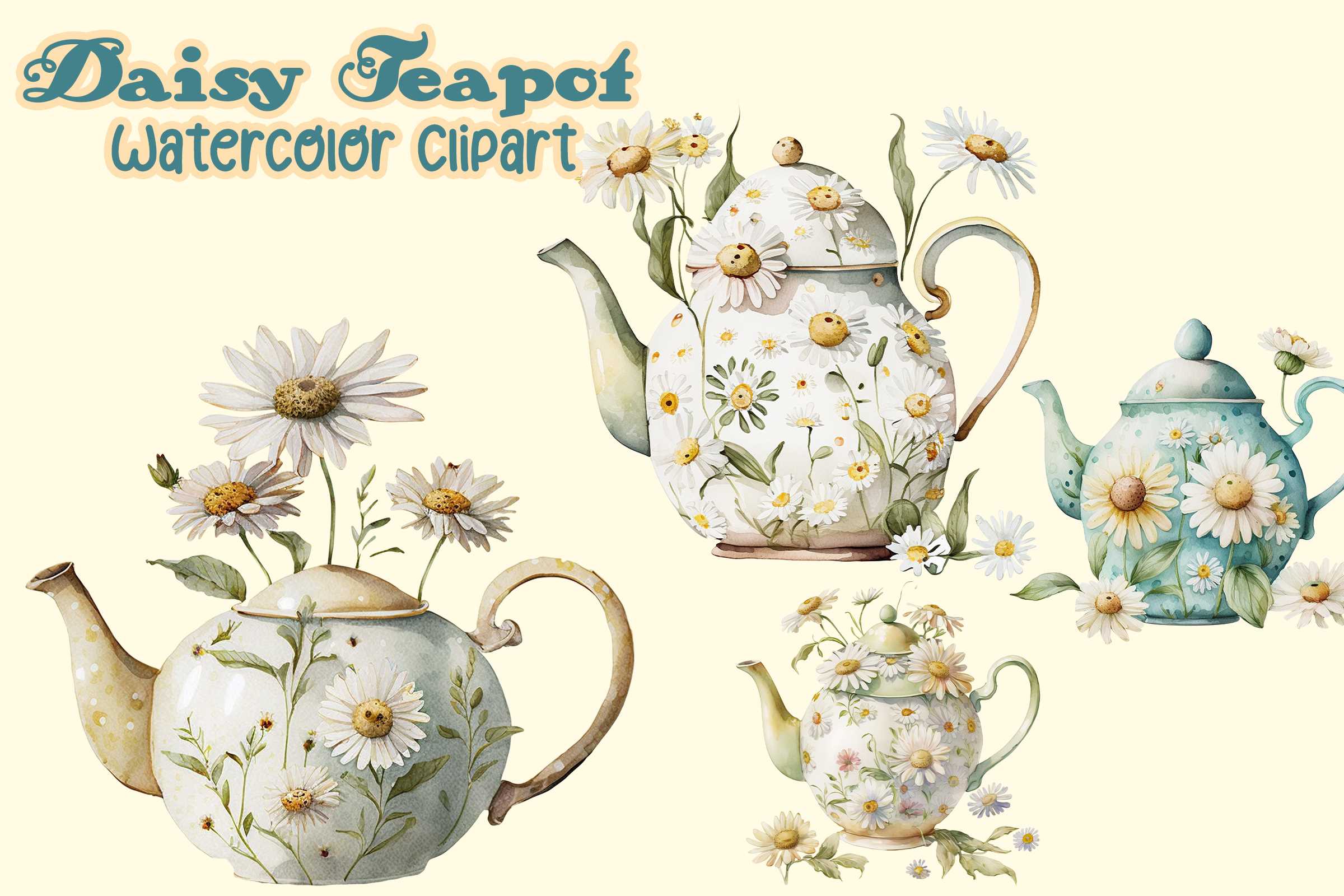 04 Files Daisy Teapot Watercolor Clipart, Daisy Teapot Subli | Inspire ...