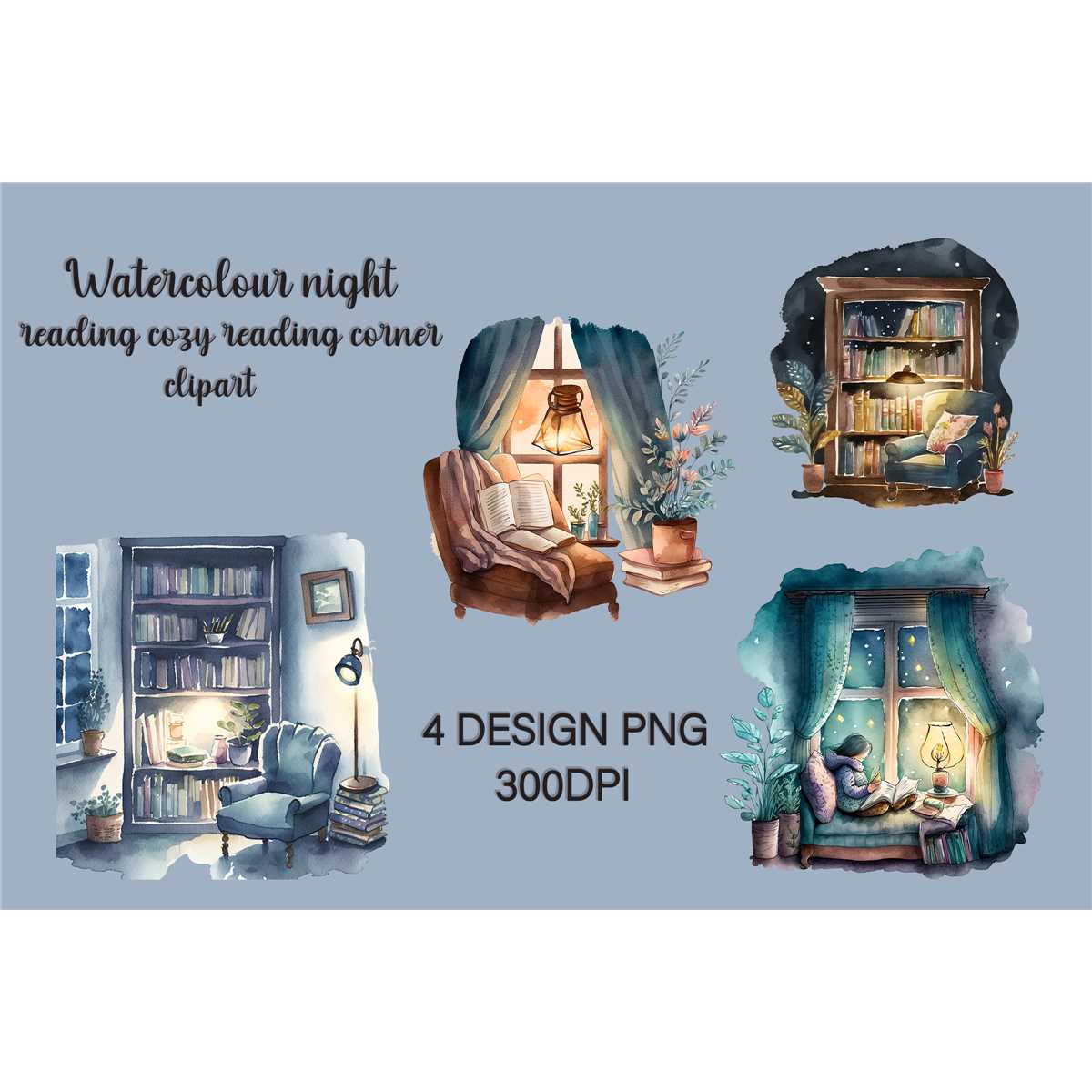 Watercolour night reading cozy reading corner clipart - Inspire Uplift