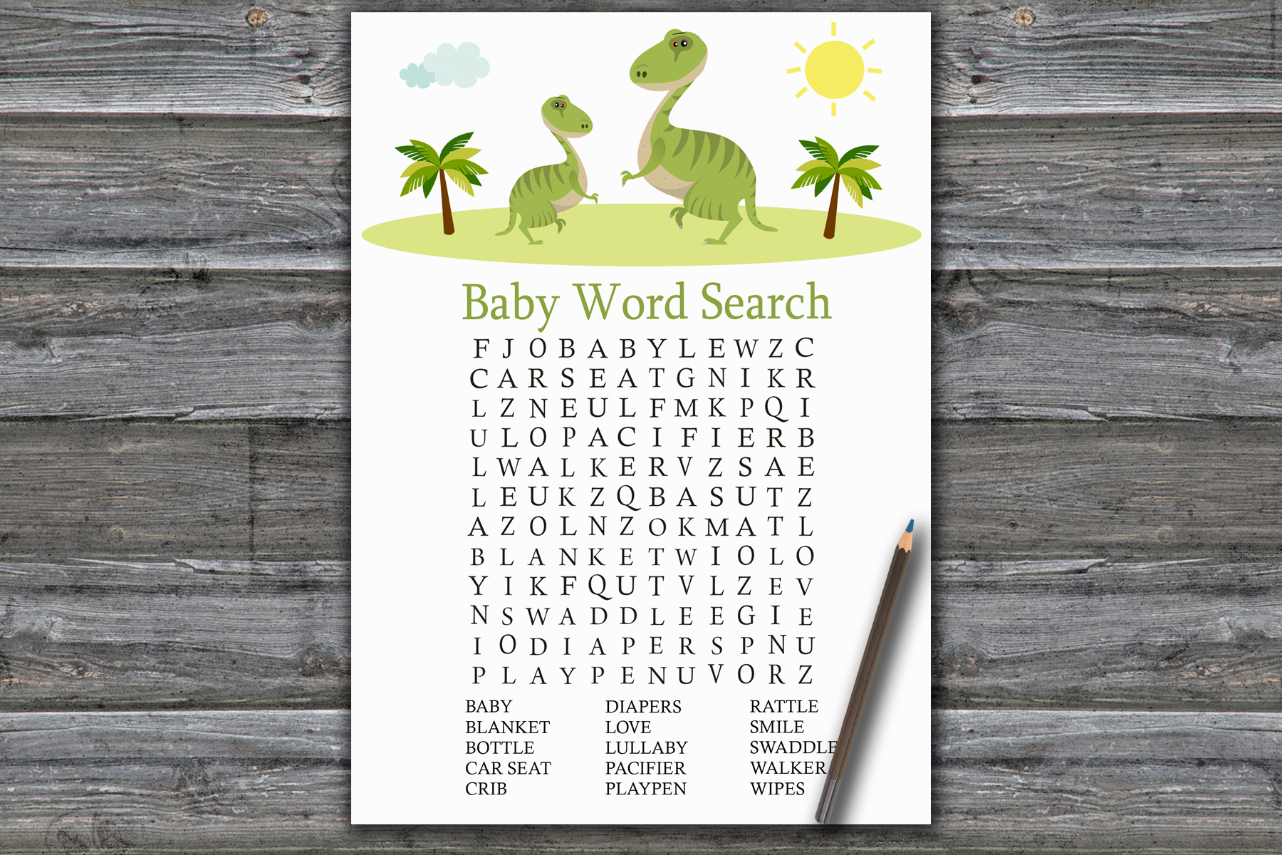 Dinosaur Baby shower word search game card,Dino themed Baby | Inspire ...