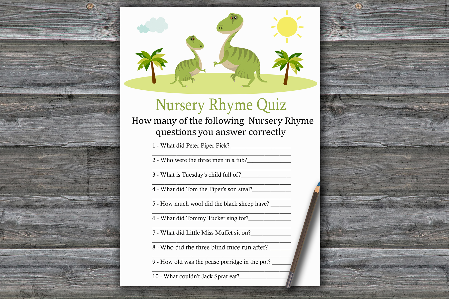 Dinosaur Nursery rhyme quiz baby shower game card,Dino theme - Inspire ...