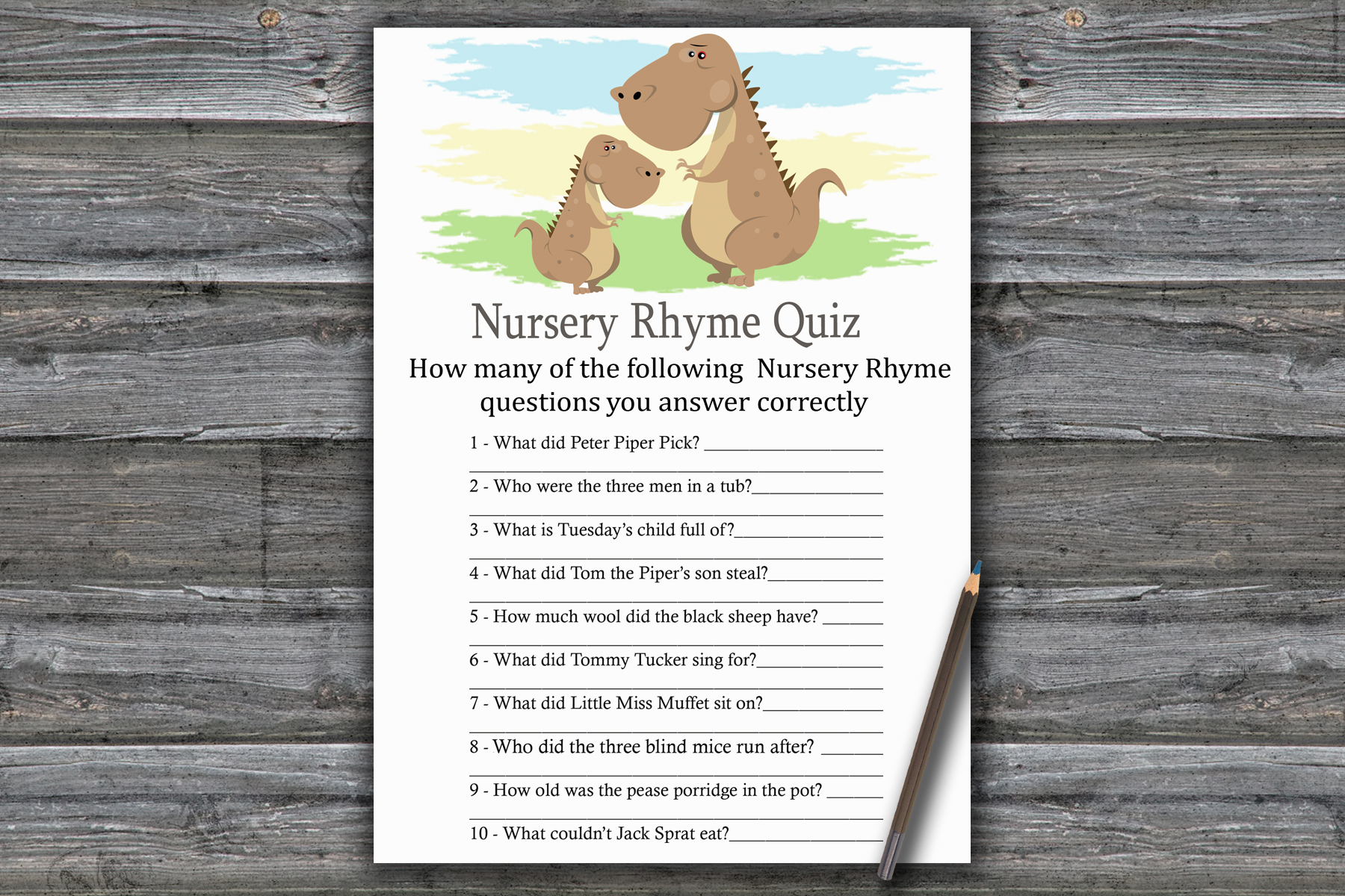 Dinosaur Nursery rhyme quiz baby shower game card,Dinosaur t | Inspire ...