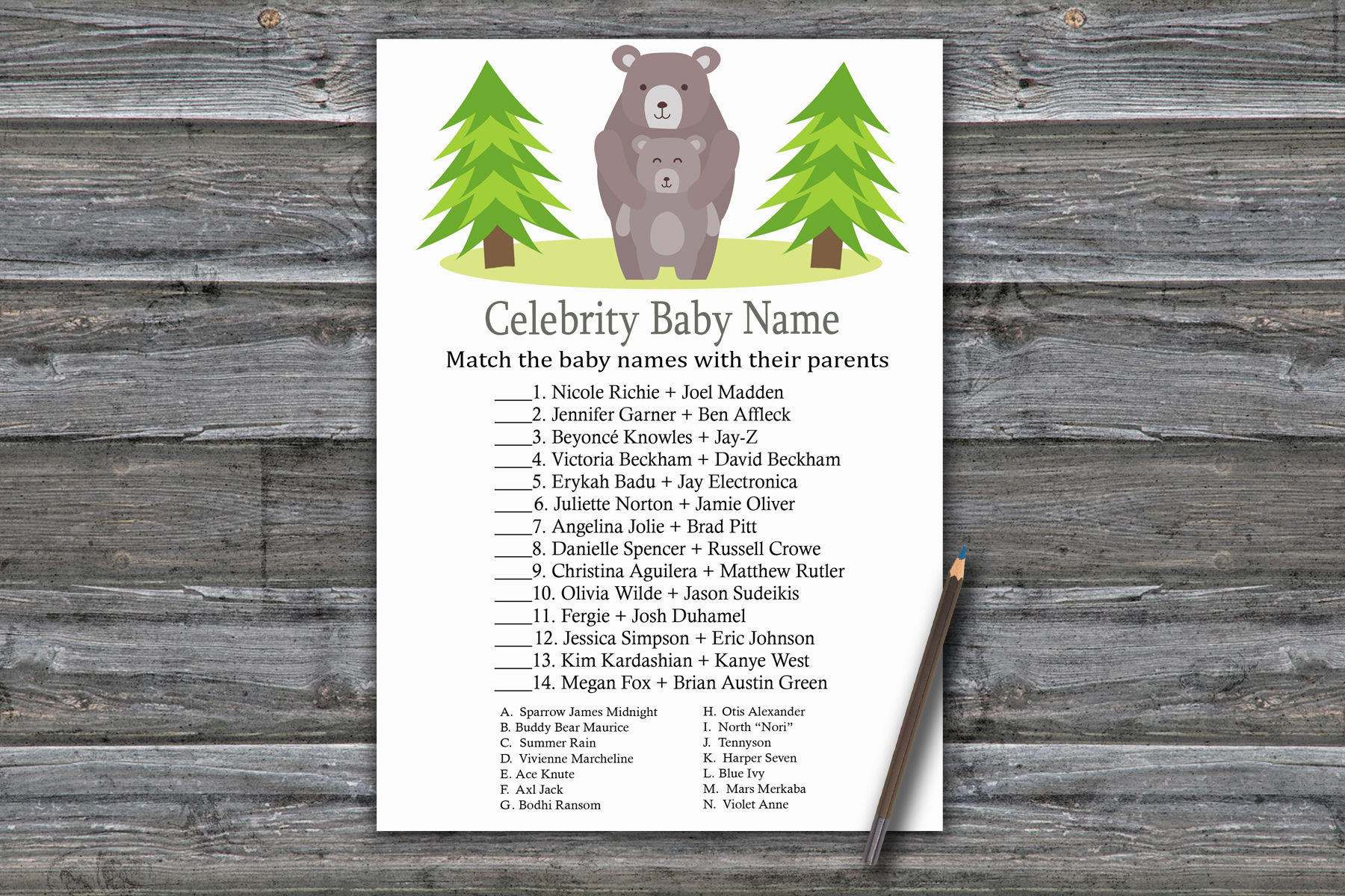 Bear Celebrity baby name game card,Woodland Baby shower game - Inspire ...
