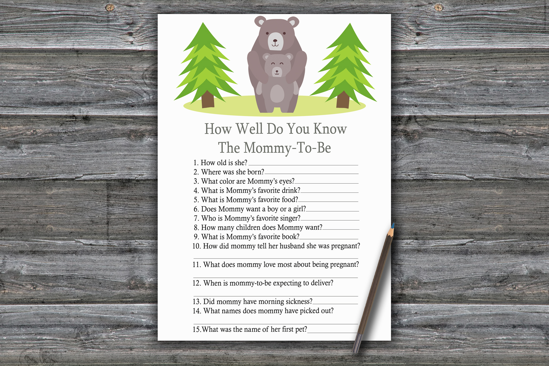 Bear How well do you know baby shower game card,Woodland Bab - Inspire ...