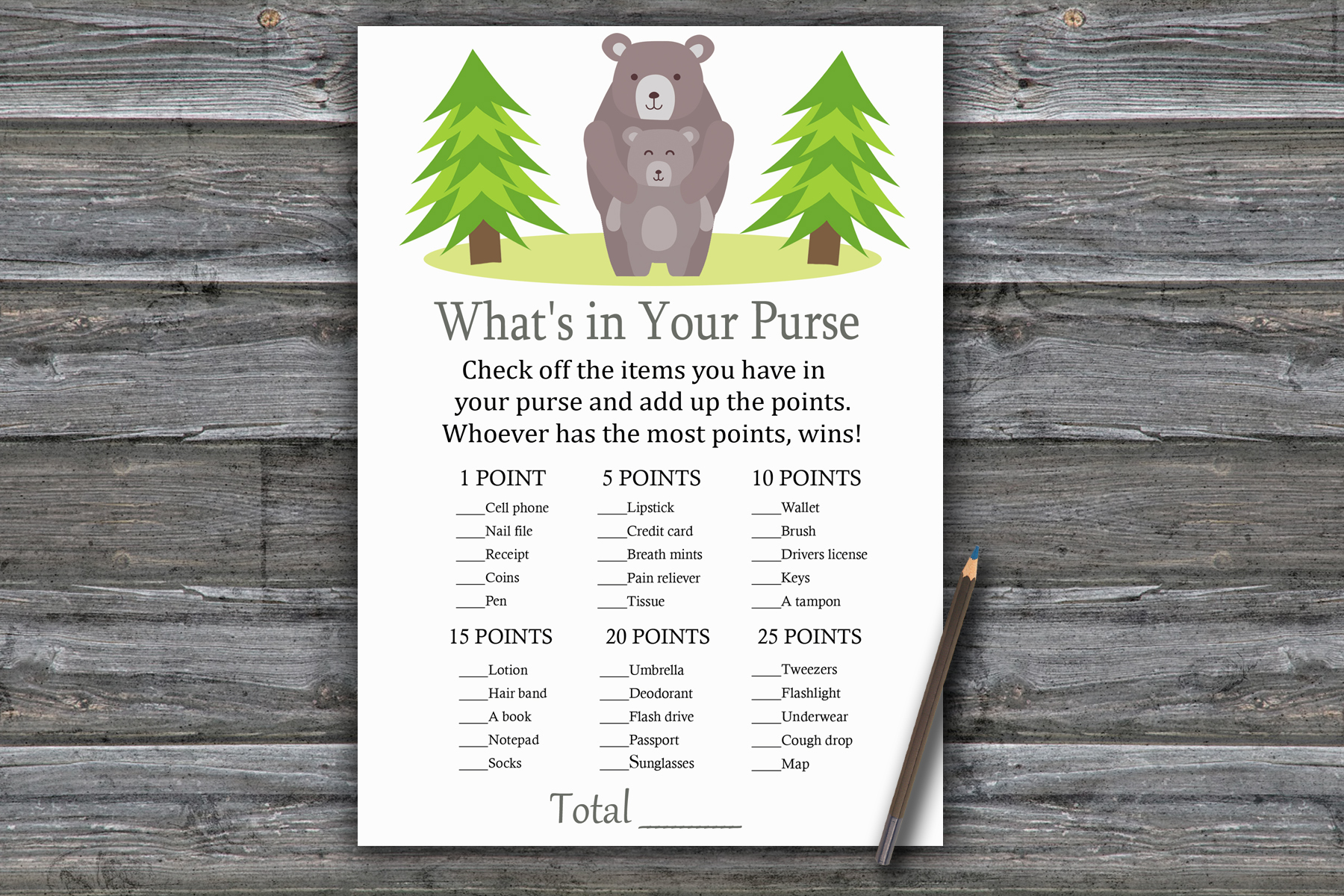 Bear What's in your purse game,Woodland Baby shower games pr | Inspire ...