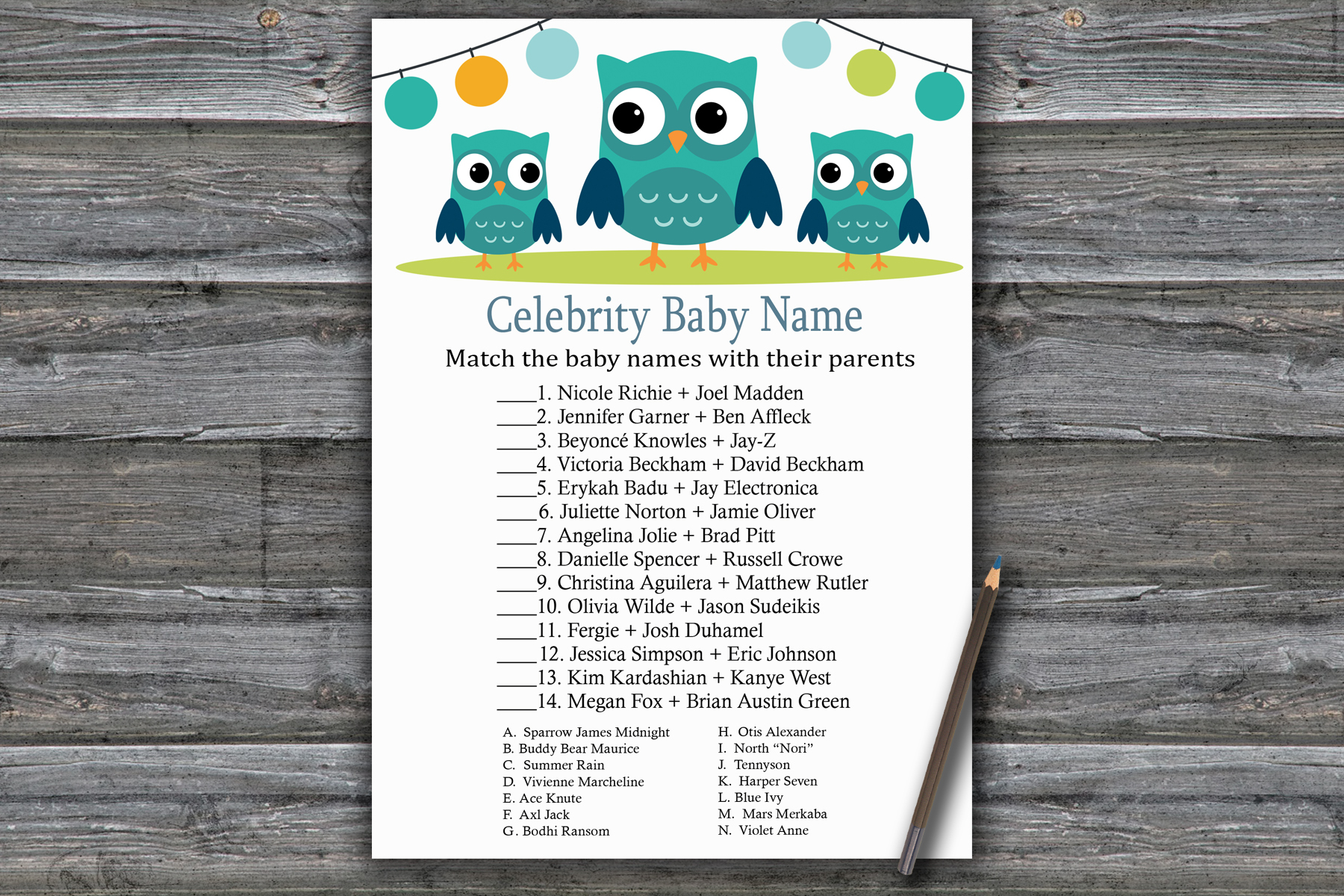 Owl Celebrity baby name game card,Owl Baby shower games prin - Inspire ...