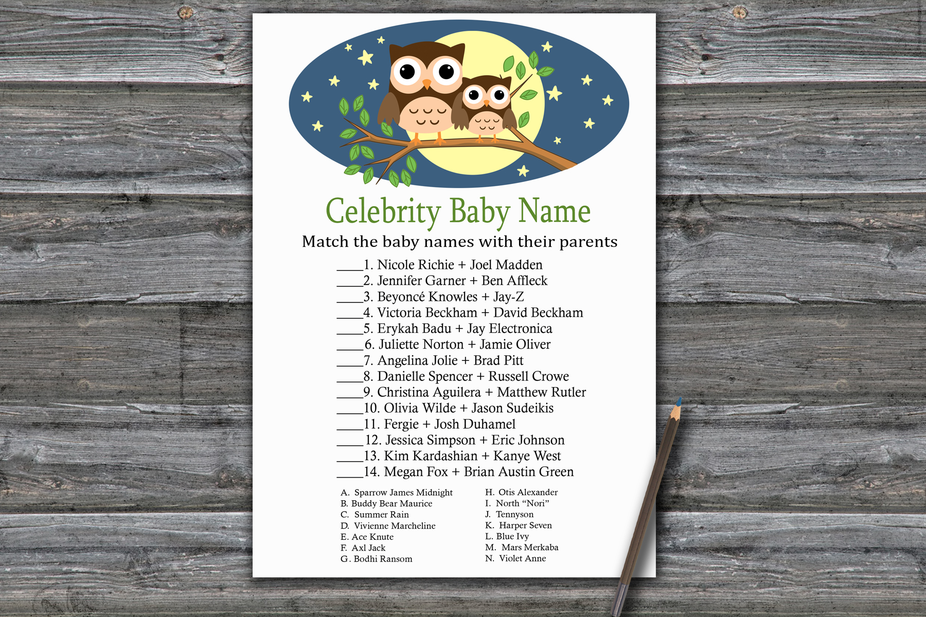 Owl Celebrity baby name game card,Woodland Baby shower games - Inspire ...