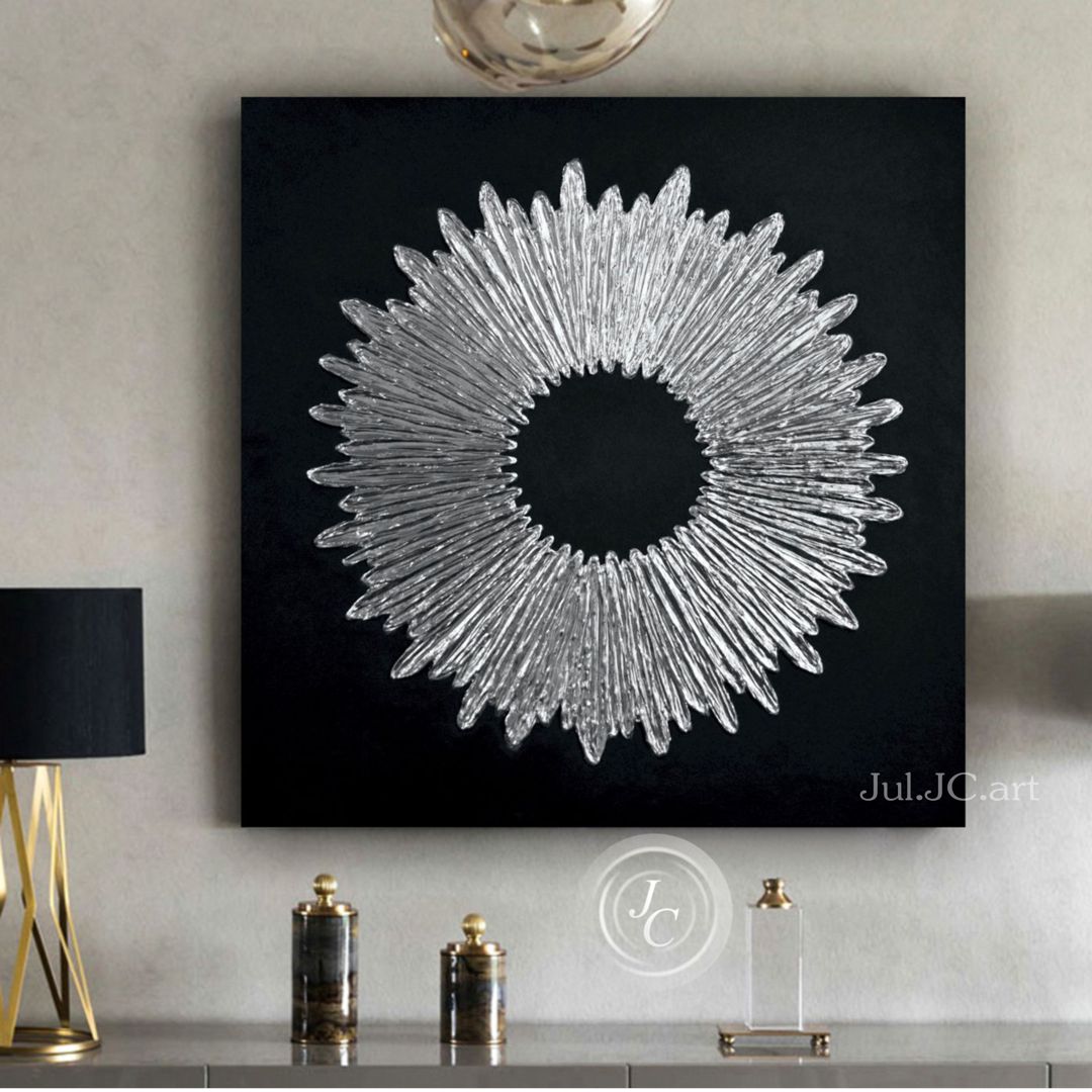 Silver and Black Abstract Painting Silver Sun Original Art | Inspire Uplift