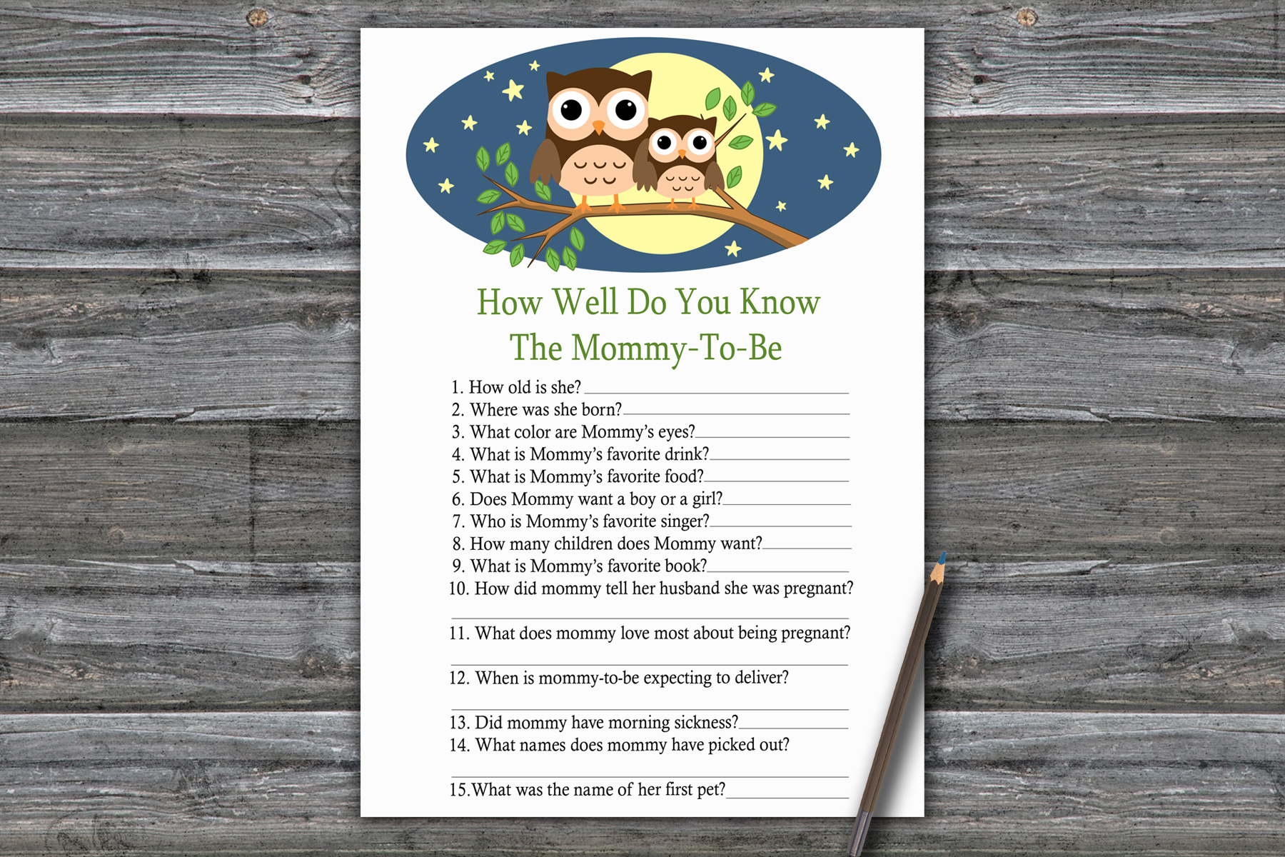 Owl Baby Shower Game Cards