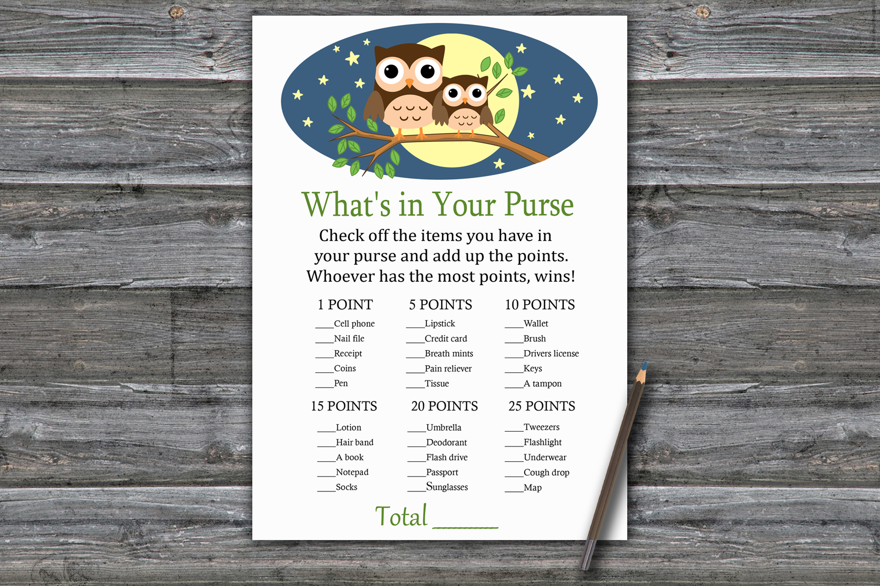Owl What's in your purse game,Woodland Baby shower games pri | Inspire ...