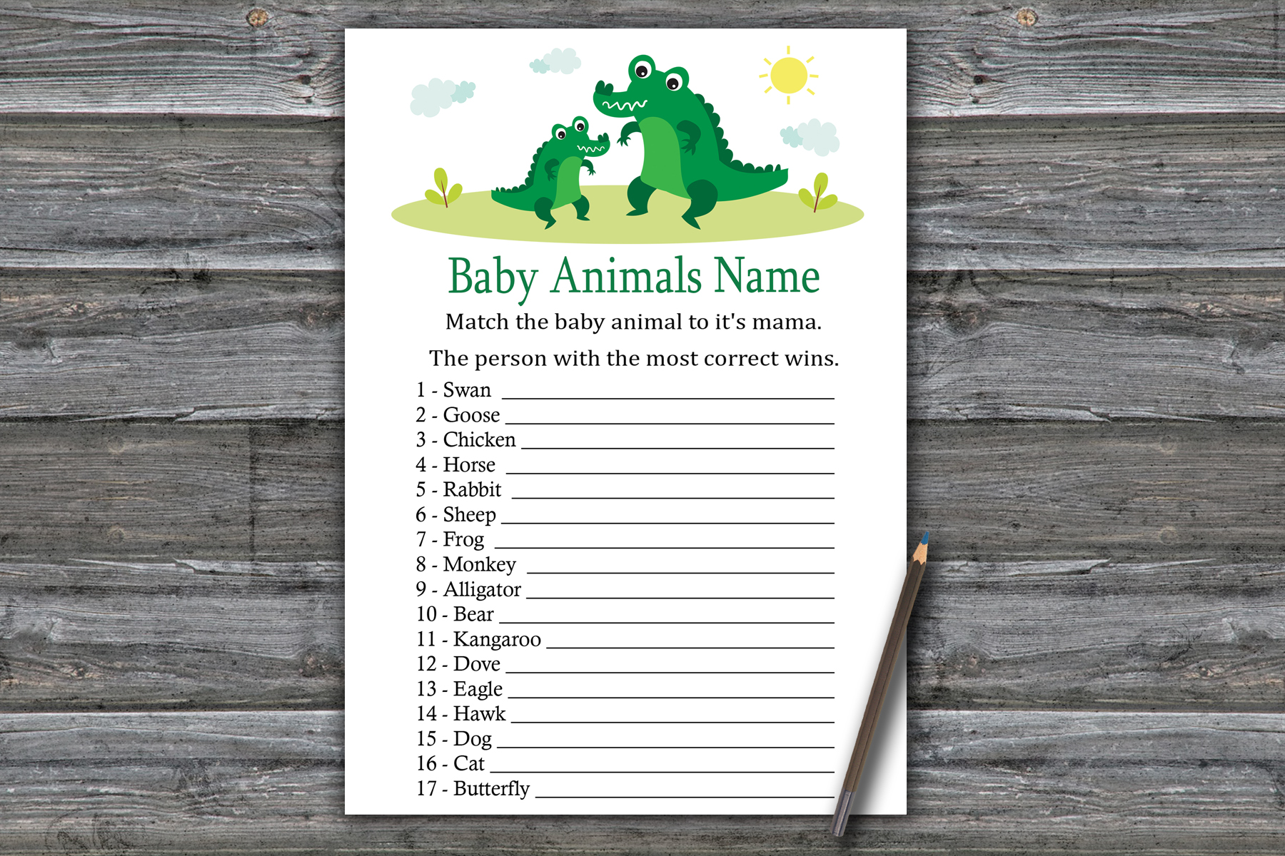 Alligator Baby animals name game card,Alligator Baby shower | Inspire ...