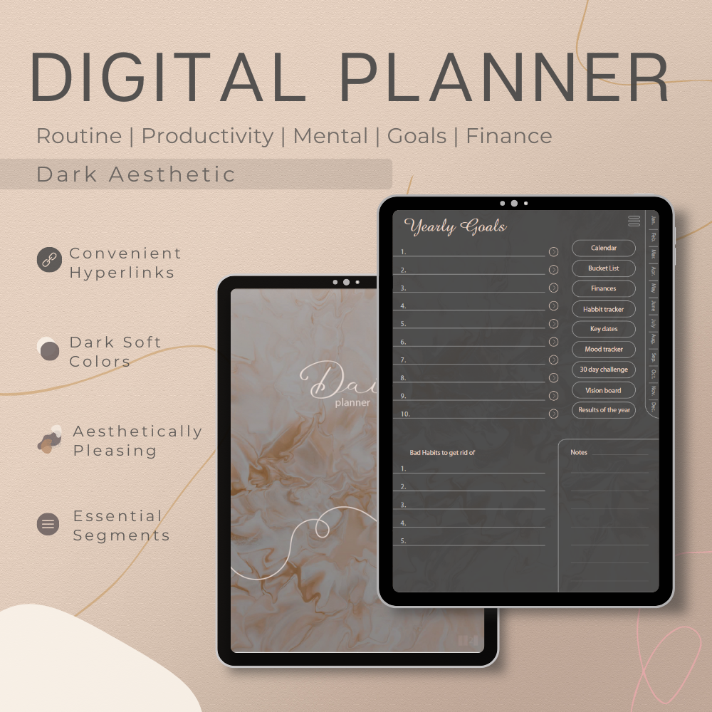 Digital Planner, Dark Daily Planner modern style | Inspire Uplift