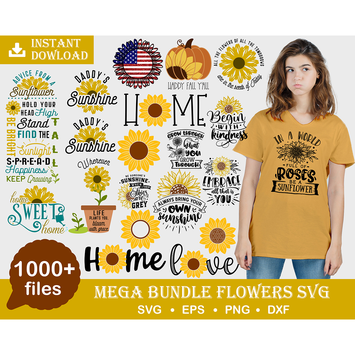 1000 SUNFLOWER SVG, PNG Bundle, Sunflower svg, half sunflowe | Inspire ...