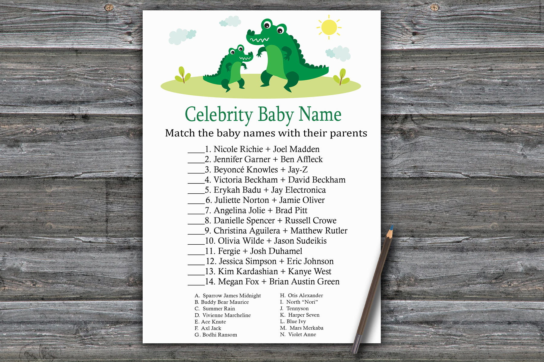Alligator Celebrity baby name game card,Alligator Baby showe | Inspire ...