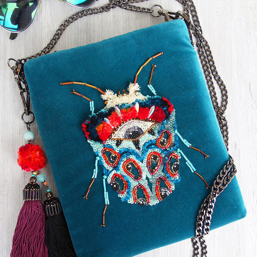 Evil eye beetle velvet bag, crossbody boho beaded purse - Inspire Uplift