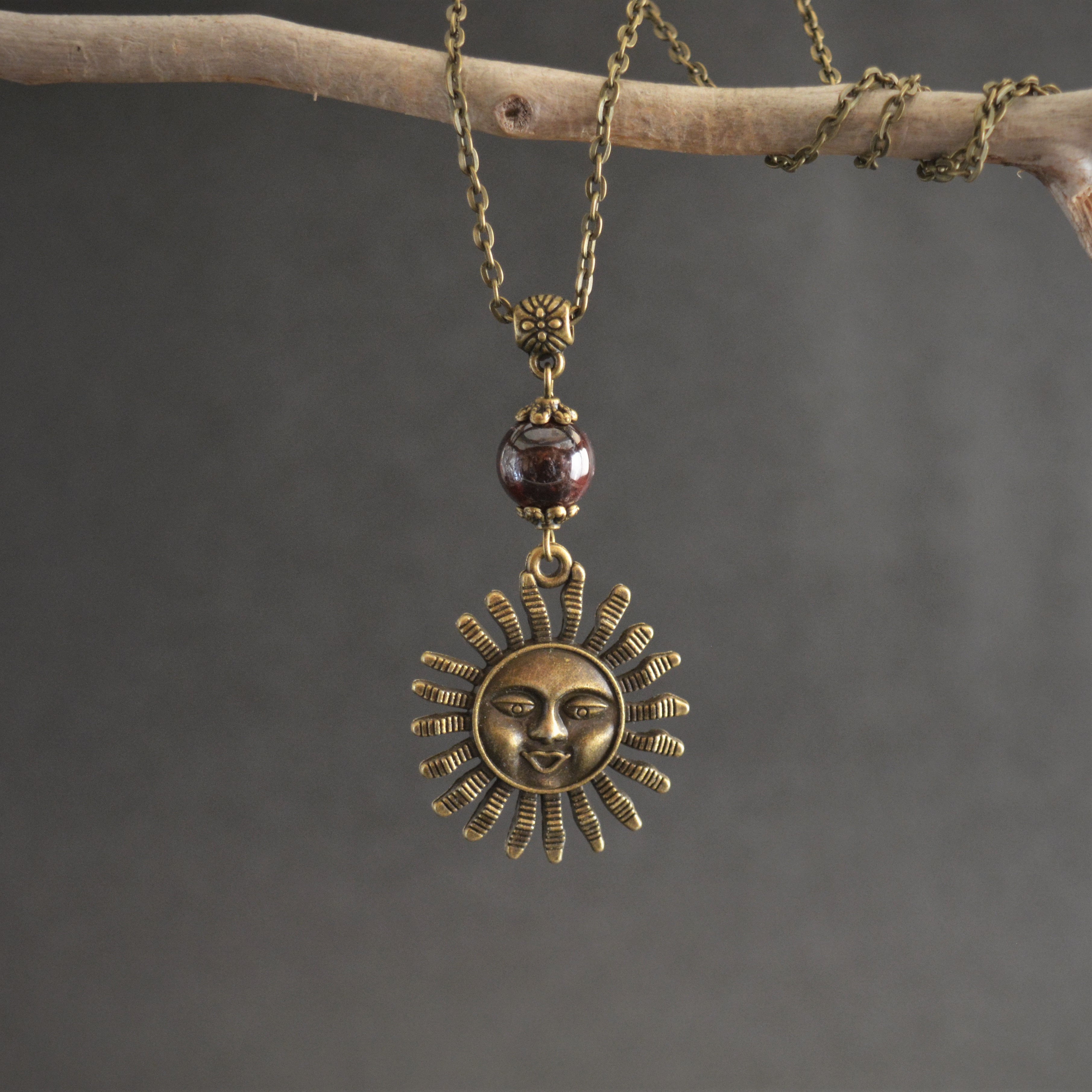 Garnet sun necklace Bronze sun natural garnet pendant neckla | Inspire ...