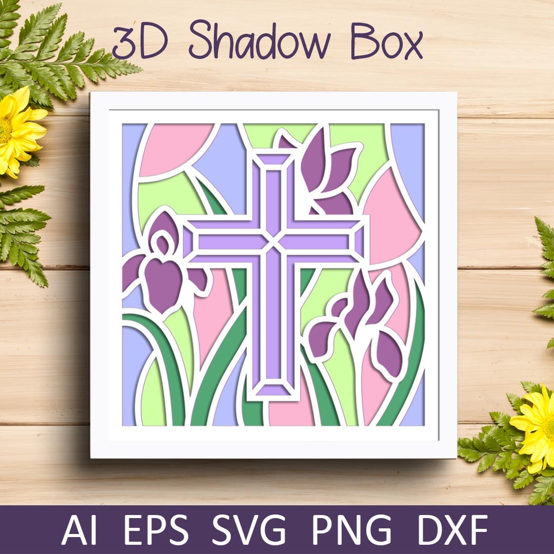 Cross with iris flowers shadow box, 3d layered template for | Inspire ...