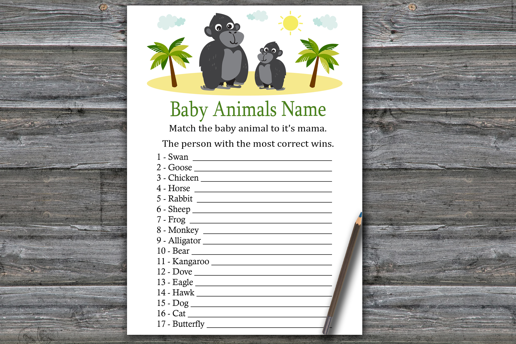 Gorilla Baby animals name game card,Jungle Baby shower games - Inspire ...