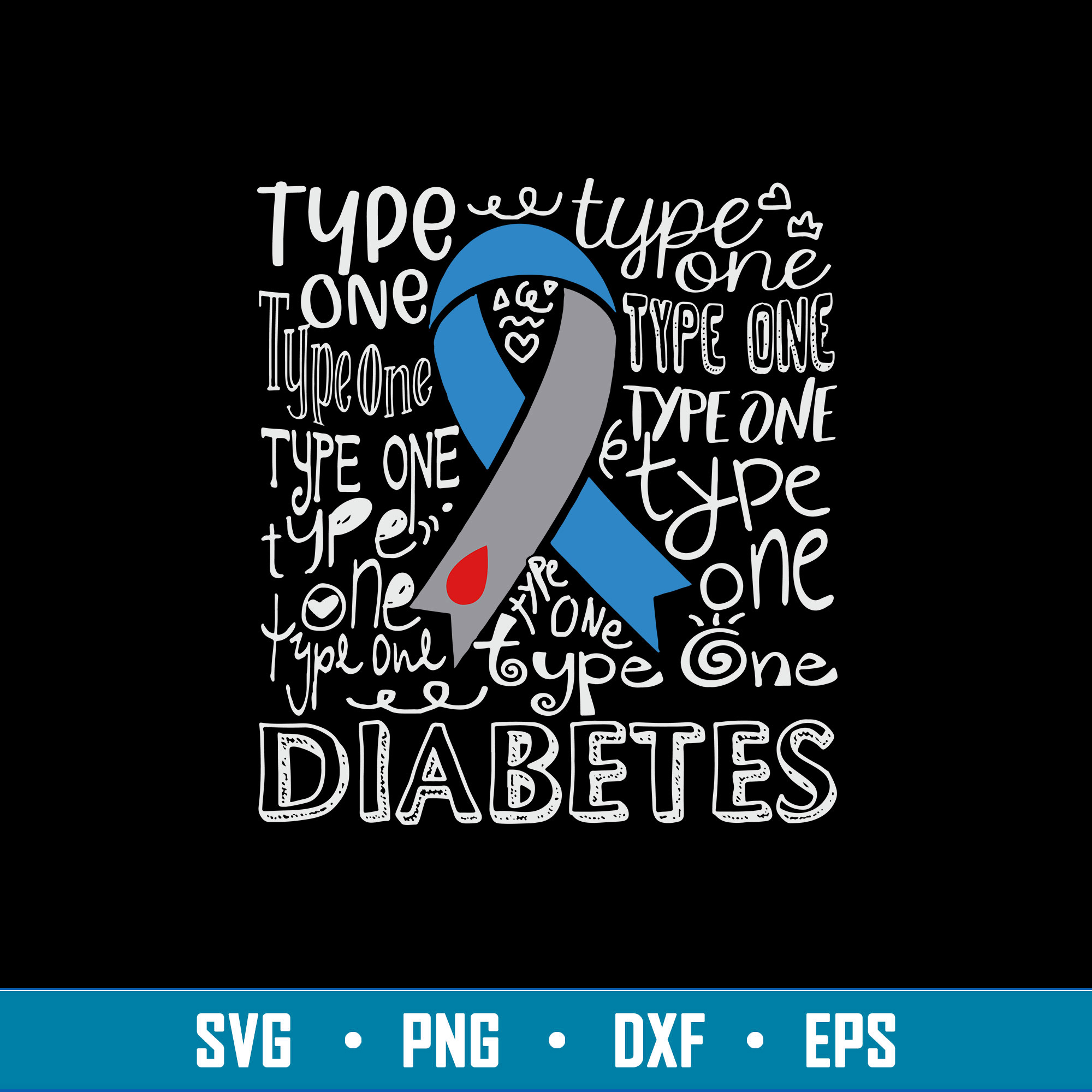 Type 1 Diabetes Grey And Blue Ribbon Typography Svg, Png Dxf | Inspire ...