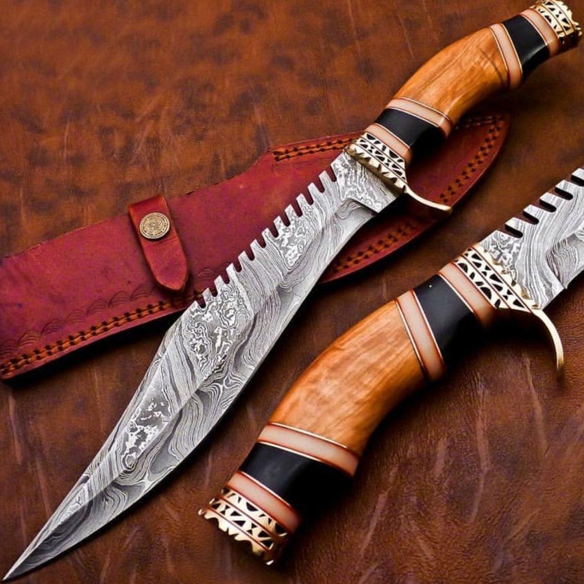 Custom Handmade Damascus Steel Bowie Knife Olive Wood Handle | Inspire ...